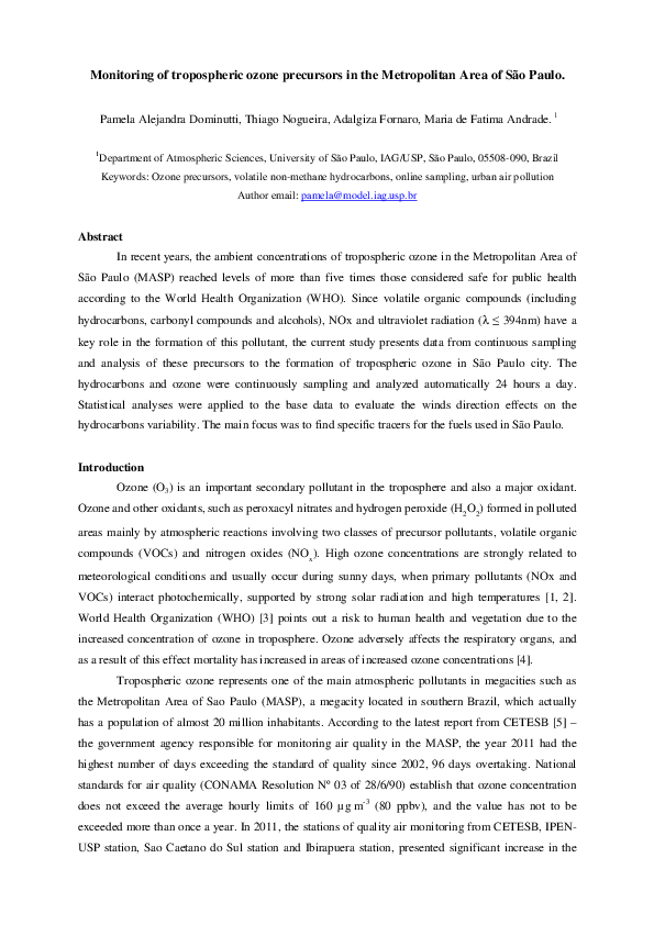 Pdf Monitoring Of Tropospheric Ozone Precursors In The Metropolitan Area Of São Paulo