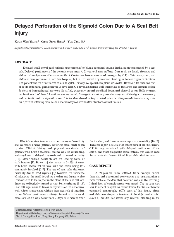 (PDF) Delayed Perforation of the Sigmoid Colon Due to A Seat Belt Injury