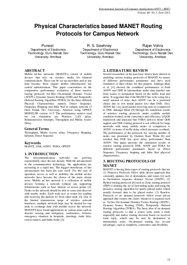 (PDF) Physical Characteristics based MANET Routing Protocols for Campus Network