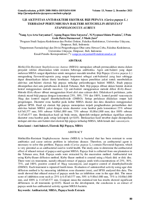 (PDF) UJI AKTIVITAS ANTI-BAKTERI EKSTRAK BIJI PEPAYA (Carica papaya L.) TERHADAP PERTUMBUHAN ...