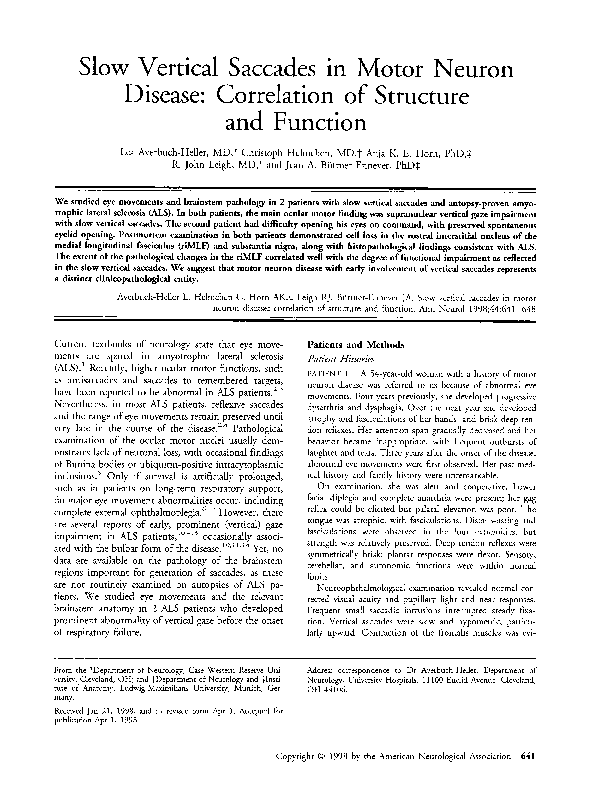 (PDF) Slow vertical saccades in motor neuron disease: Correlation of ...