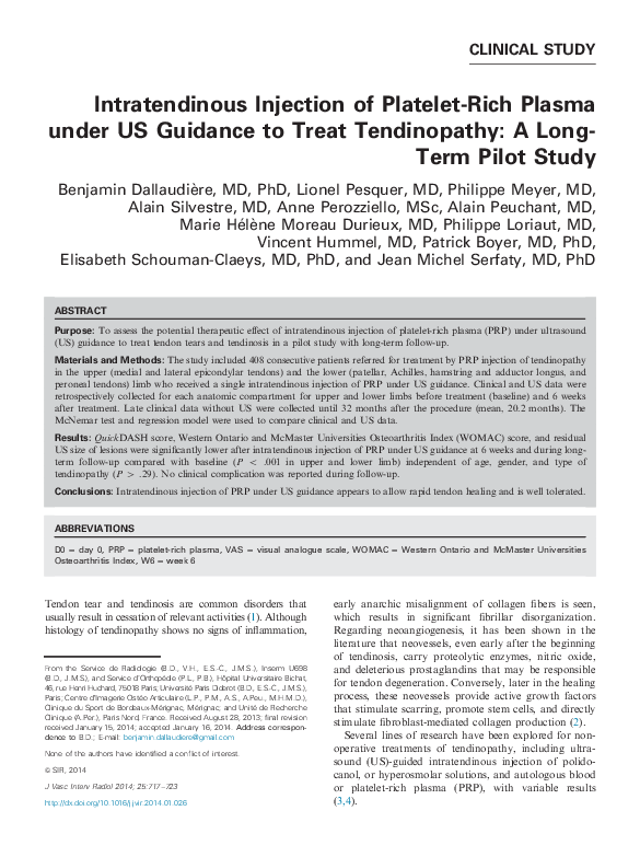 (PDF) Intratendinous Injection of Platelet-Rich Plasma under US ...