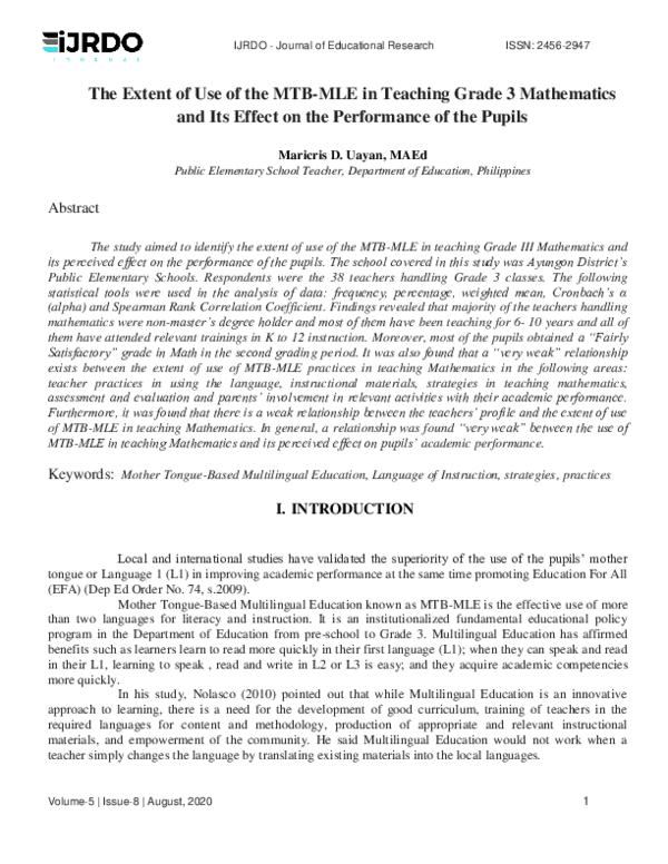 (PDF) The Extent of Use of the MTB-MLE in Teaching Grade 3 Mathematics and Its Effect on the ...