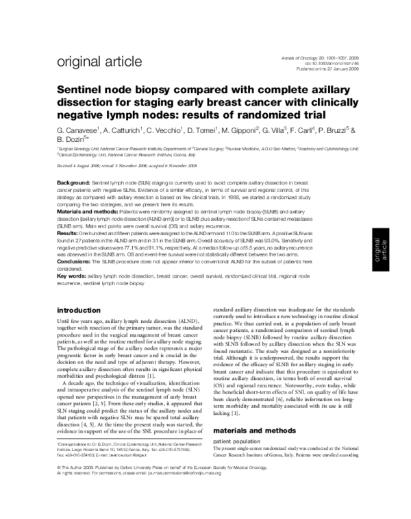 Pdf Sentinel Node Biopsy Compared With Complete Axillary Dissection For Staging Early Breast