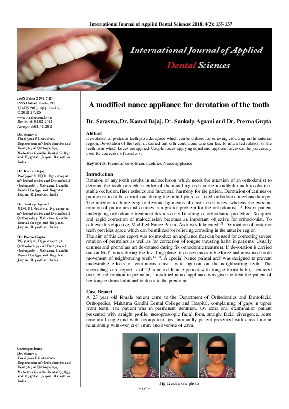 (PDF) A modified nance appliance for derotation of the tooth