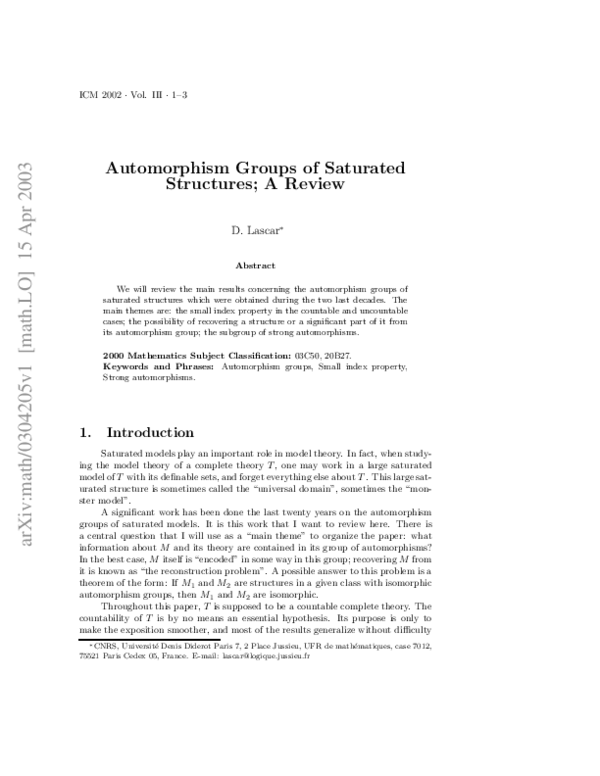 (PDF) Automorphism groups of saturated structures; a review | Daniel Lascar - Academia.edu