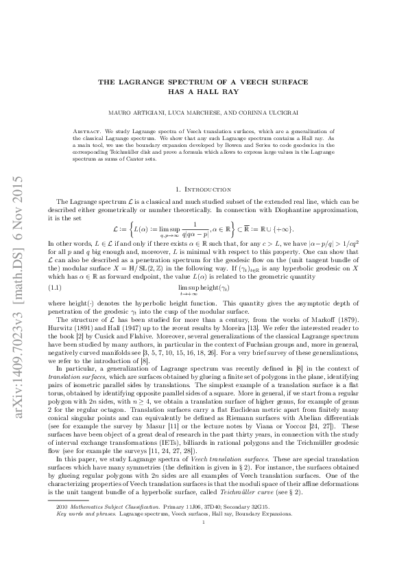 (PDF) The Lagrange spectrum of a Veech surface has a Hall ray