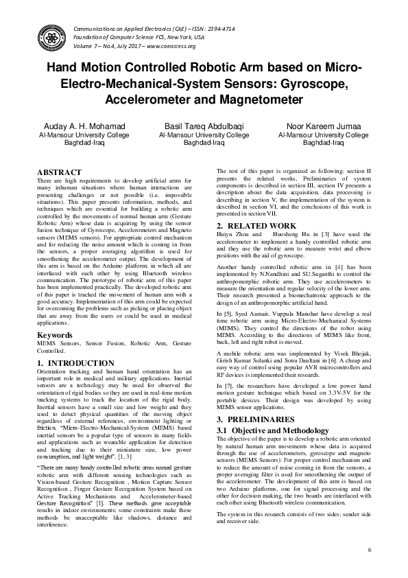 (PDF) Hand Motion Controlled Robotic Arm based on Micro-Electro ...