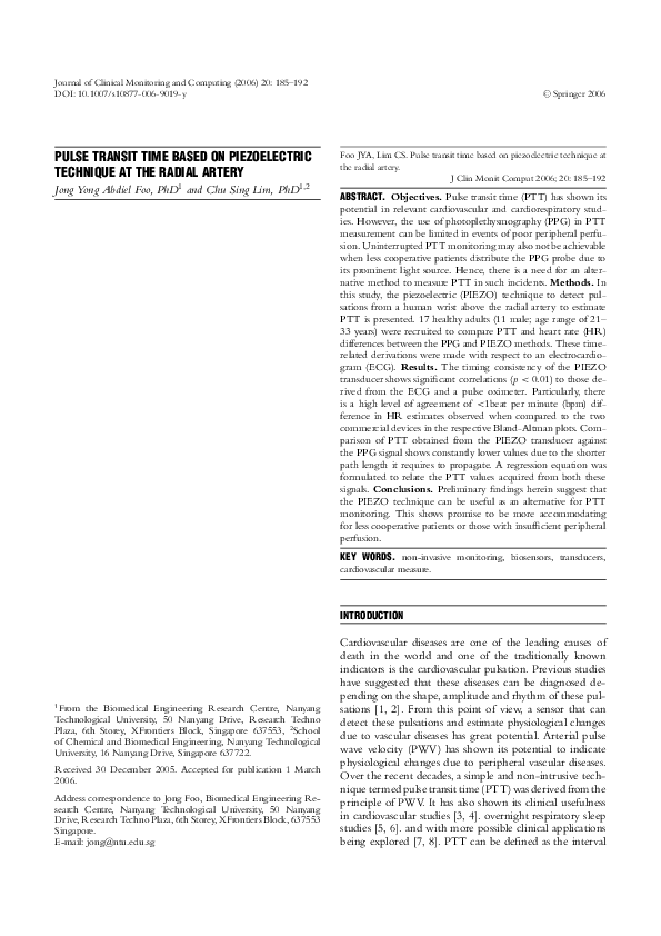 (PDF) Pulse Transit Time Based on Piezoelectric Technique at the Radial ...