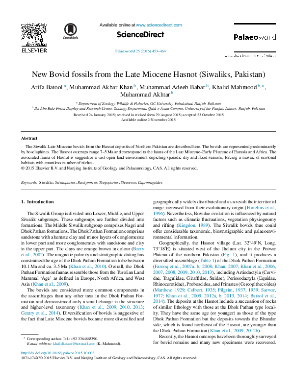 (PDF) New Bovid fossils from the Late Miocene Hasnot (Siwaliks, Pakistan)