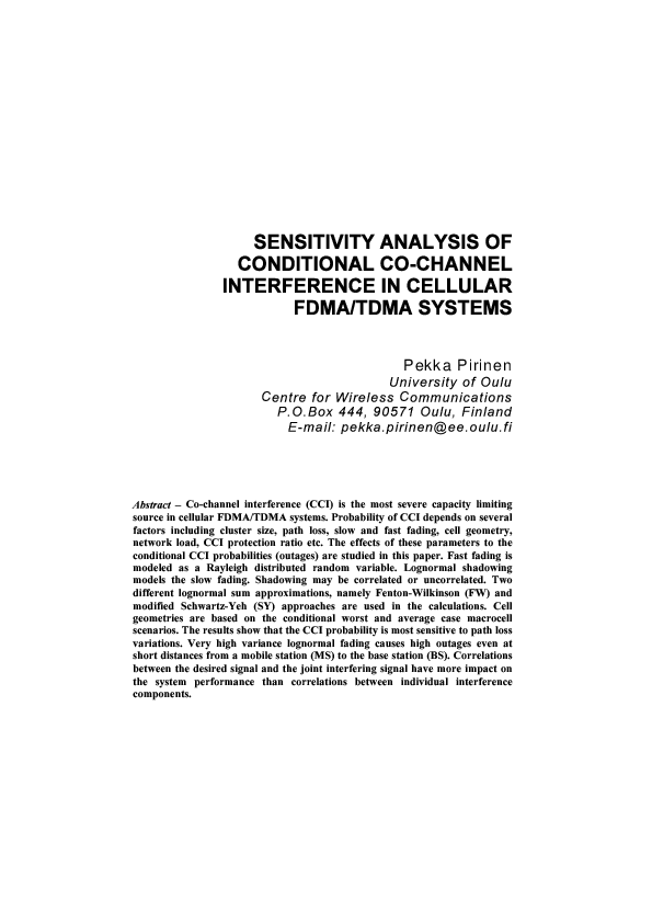 (PDF) Sensitivity Analysis of Conditional Co-Channel Interference in Cellular FDMA/TDMA Systems