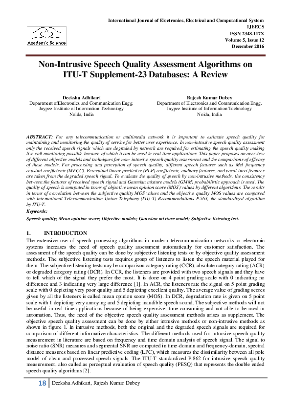 (PDF) 8 Deeksha Non-Intrusive Speech Quality Assessment Algorithms on ITU-T Supplement-23 ...