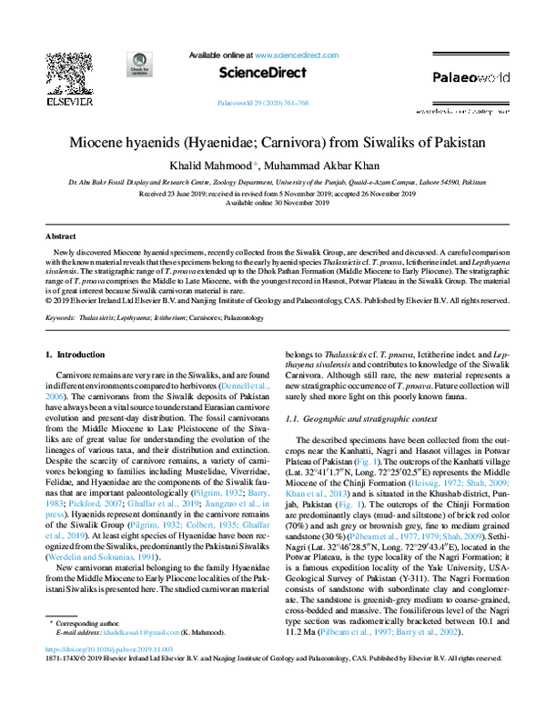(PDF) Miocene hyaenids (Hyaenidae; Carnivora) from Siwaliks of Pakistan