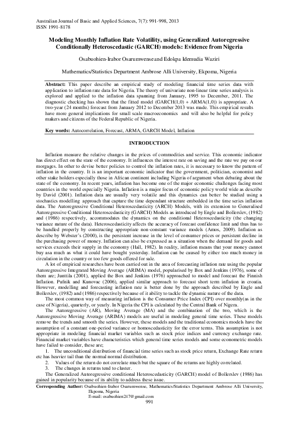 Pdf Modeling Monthly Inflation Rate Volatility Using Generalized