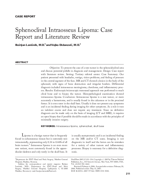(PDF) Sphenoclival Intraosseus Lipoma: Case Report and Literature Review