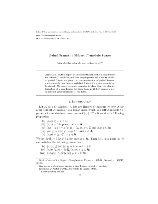 Pdf G Dual Frames In Hilbert Spaces