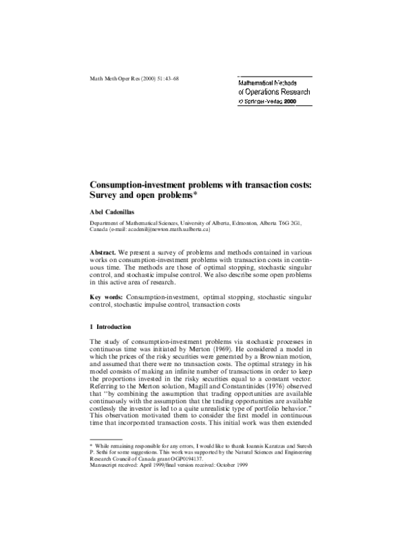 (PDF) Consumption-investment problems with transaction costs: Survey ...
