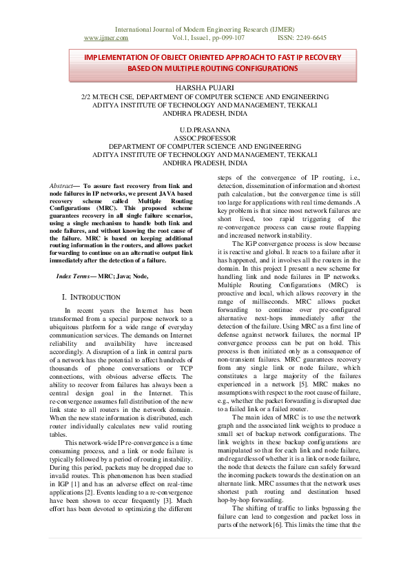 (PDF) Implementation of Object Oriented Approach to Fast Ip Recovery Based on Multiple Routing ...
