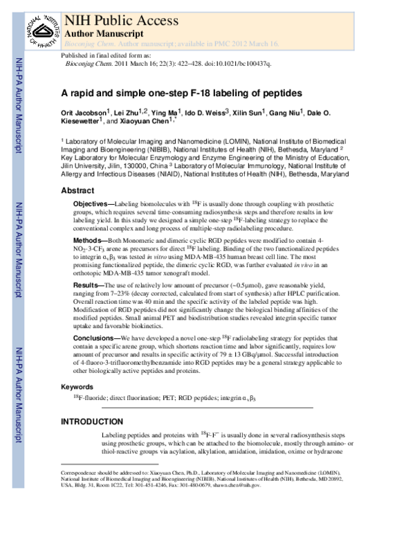 (PDF) Rapid and Simple One-Step F-18 Labeling of Peptides