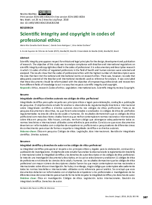 (PDF) Scientific integrity and copyright in codes of professional ethics