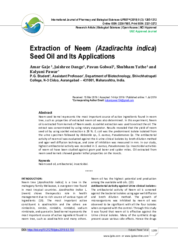 (PDF) Extraction of Neem (Azadirachta indica) Seed Oil and Its ...