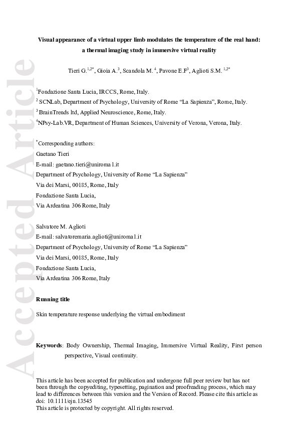 Pdf Visual Appearance Of A Virtual Upper Limb Modulates The