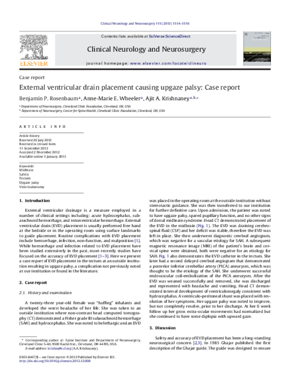 (PDF) External ventricular drain placement causing upgaze palsy: Case ...