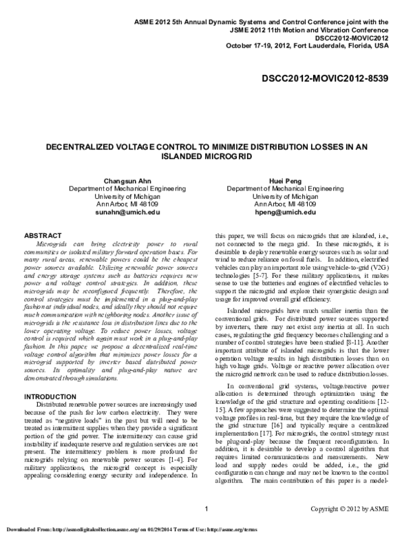 (PDF) Decentralized Voltage Control to Minimize Distribution Power Loss of Microgrids