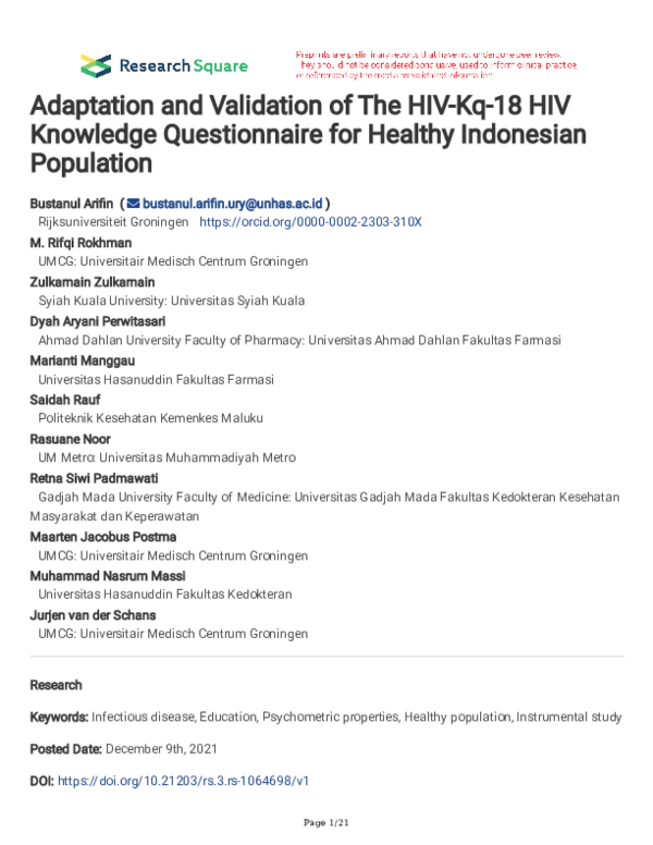 (PDF) Adaptation and Validation of The HIV-Kq-18 HIV Knowledge ...