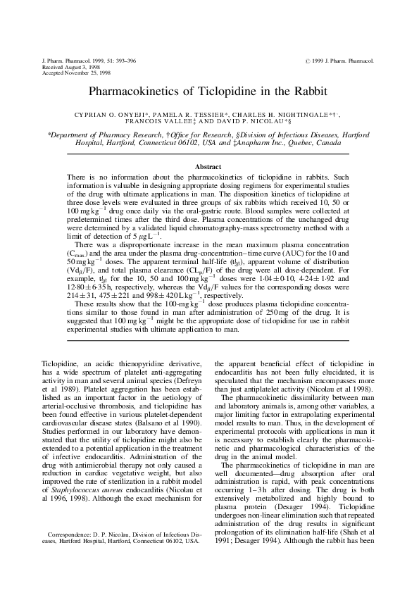 (PDF) Pharmacokinetics of Ticlopidine in the Rabbit