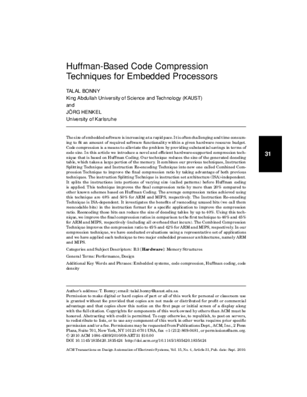 (PDF) Huffman-based code compression techniques for embedded processors
