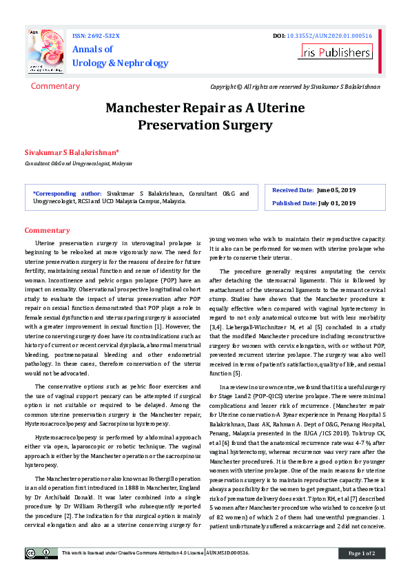 (PDF) Manchester Repair as A Uterine Preservation Surgery