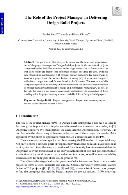 (PDF) The Role of the Project Manager in Delivering Design-Build Projects