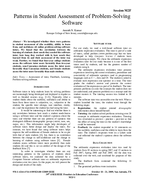 (PDF) Patterns in student assessment of problem-solving software