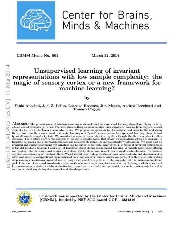 (PDF) Unsupervised Learning of Invariant Representations in Hierarchical Architectures | Fabio ...