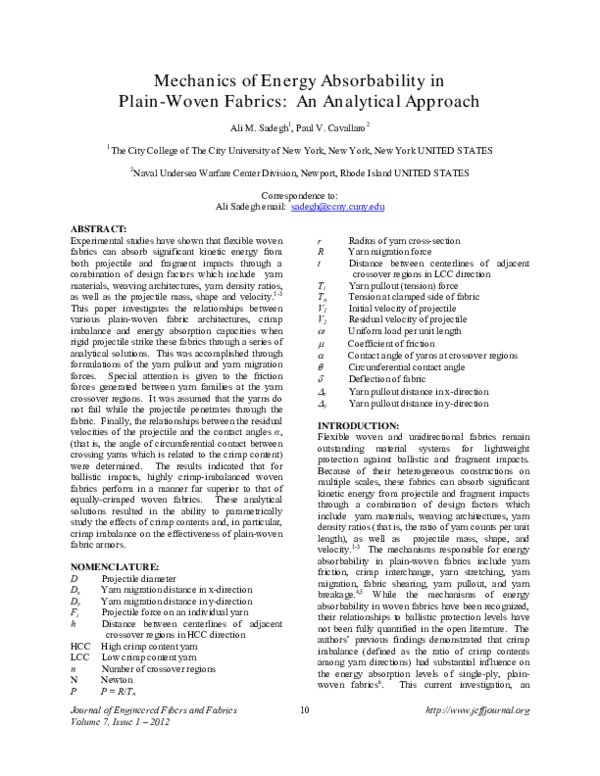 (PDF) Mechanics of Energy Absorbability in Plain-Woven Fabrics: An ...