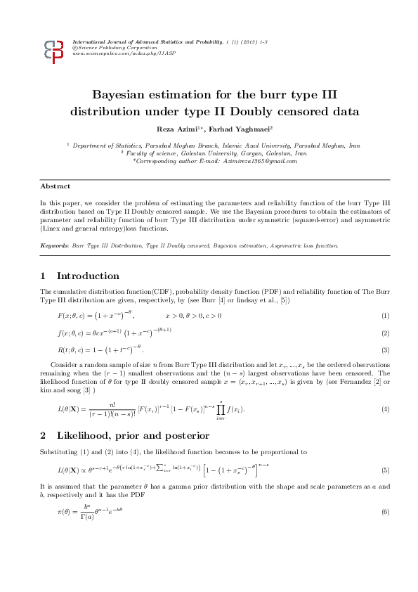 Pdf Bayesian Estimation Of Burr Type Iii Parameters