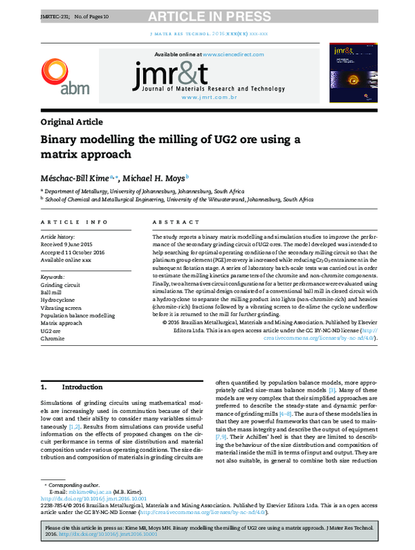 (PDF) Binary modelling the milling of UG2 ore using a matrix approach