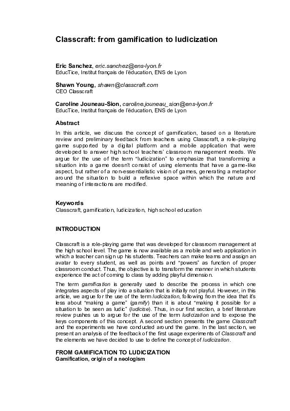 (PDF) Classcraft : from gamification to ludicization