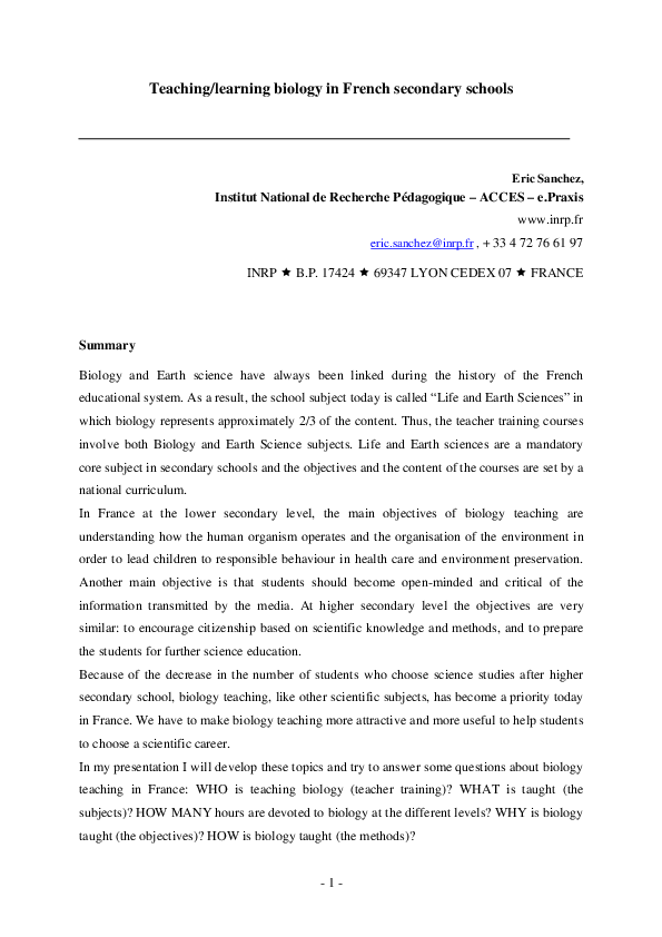 (PDF) Teaching/learning biology in French secondary schools