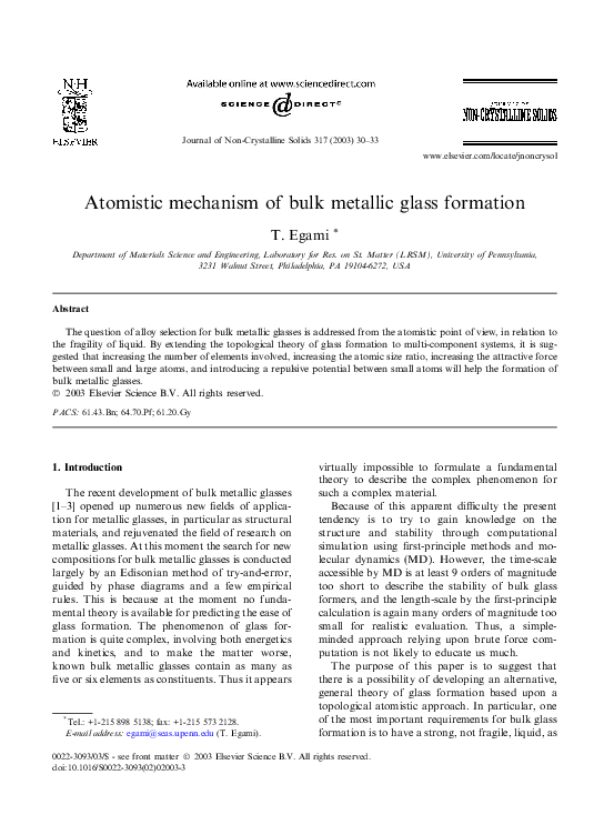 (PDF) Atomistic mechanism of bulk metallic glass formation