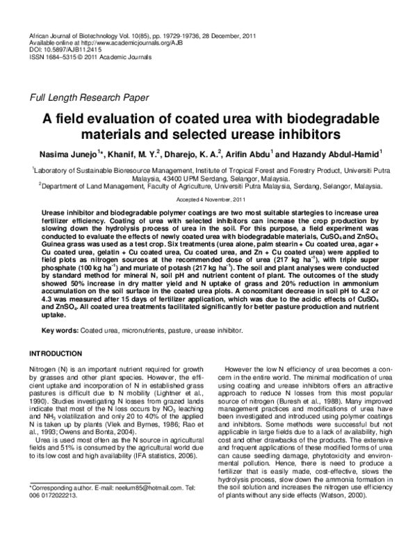 (PDF) A field evaluation of coated urea with biodegradable materials ...