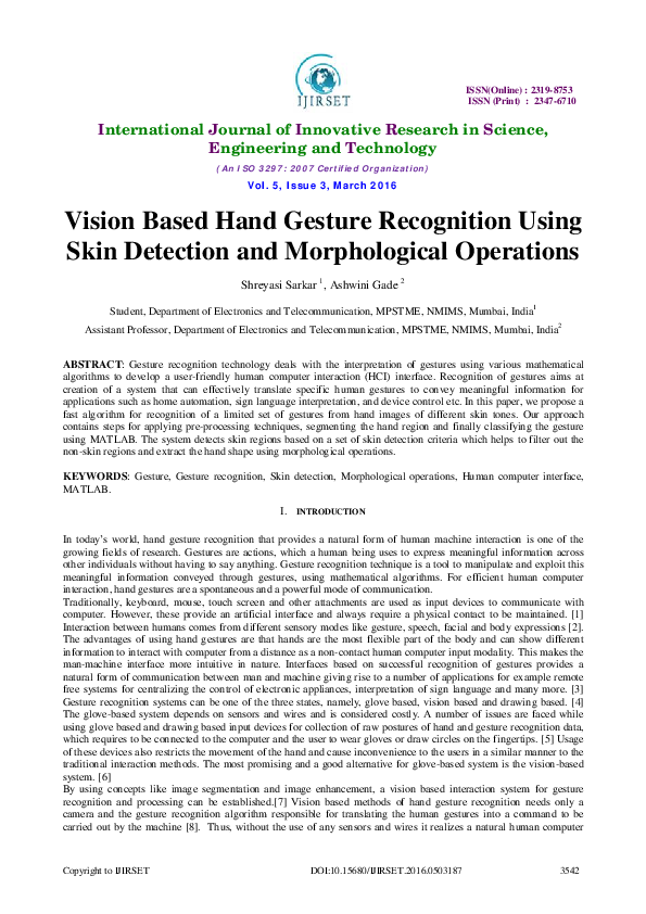 (PDF) Vision Based Hand Gesture Recognition Using Skin Detection and ...