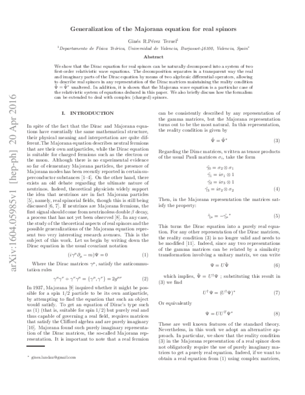 (PDF) Generalization of the Majorana equation for real spinors | Ginés ...