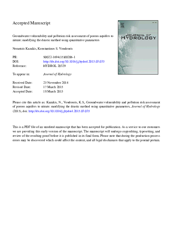 Pdf Groundwater Vulnerability And Pollution Risk Assessment Of Porous Aquifers To Nitrate