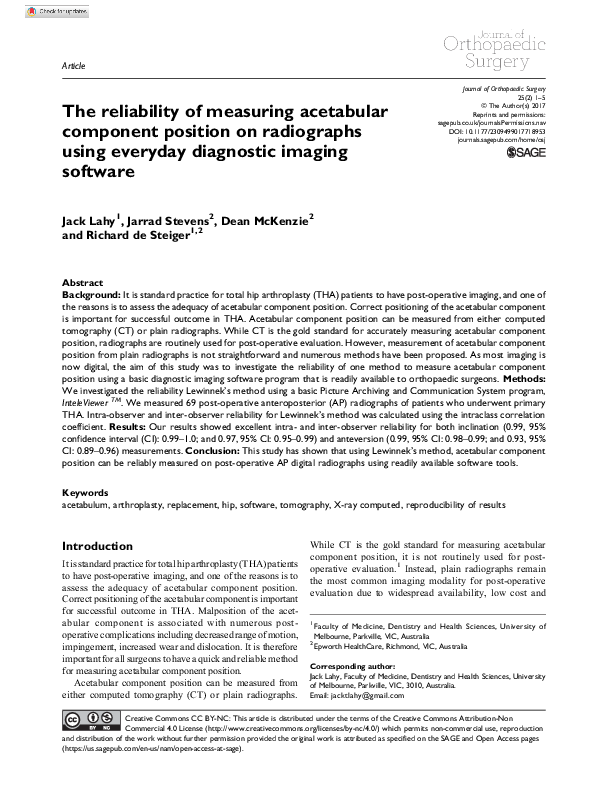 Pdf The Reliability Of Measuring Acetabular Component Position On Radiographs Using Everyday