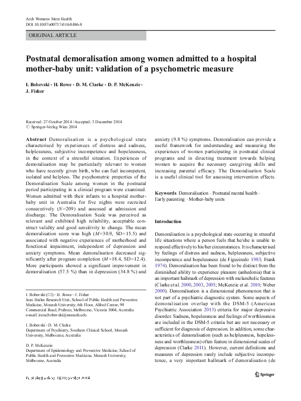 (PDF) Postnatal demoralisation among women admitted to a hospital ...