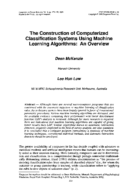 Pdf The Construction Of Computerized Classification Systems Using Machine Learning Algorithms