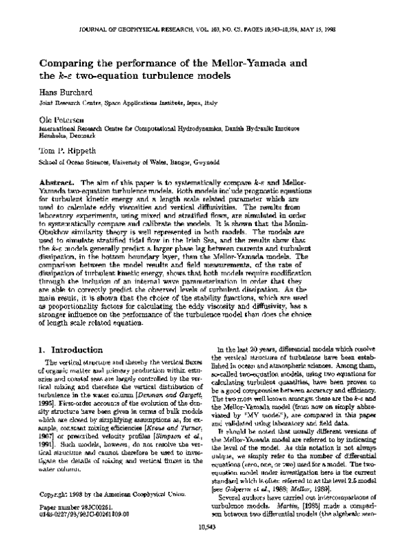 (PDF) Comparing the performance of the Mellor-Yamada and the κ-ε two-equation turbulence models