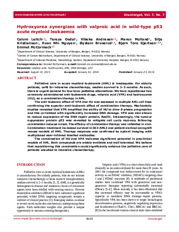 (PDF) Hydroxyurea synergizes with valproic acid in wild-type p53 acute ...